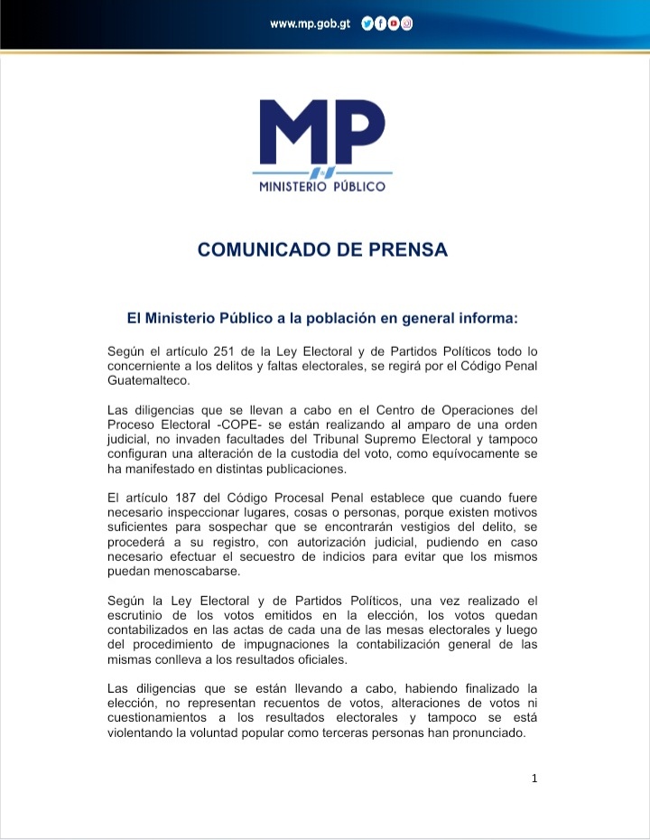 Según MP, diligencias en el COPE “No invaden facultades del TSE”
